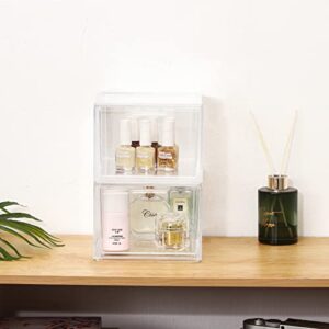 Yieach 2 Pack Stackable Makeup Organizer Storage Drawers 4.5'' Tall Acrylic Cosmetic Display Case Clear Bathroom Plastic Storage Bins For Vanity,Under Cabinets,Pantry Organization and Storage