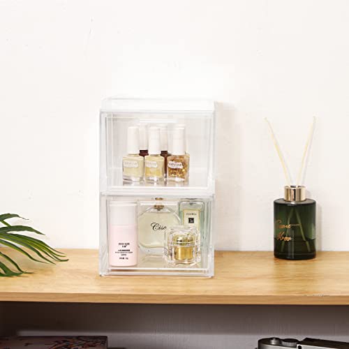 Yieach 2 Pack Stackable Makeup Organizer Storage Drawers 4.5'' Tall Acrylic Cosmetic Display Case Clear Bathroom Plastic Storage Bins For Vanity,Under Cabinets,Pantry Organization and Storage