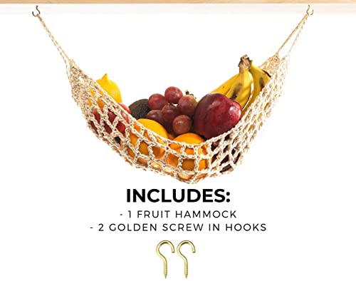 Hanging Fruit Hammock Under Cabinet - 1 Macrame Fruit Hammock Kitchen Under Cabinet, 2PCS Hooks - Handwoven Cotton Basket Storage for Produce, Banana - Boho Kitchen Decor For More Counter Space at Home Boat Camper RV