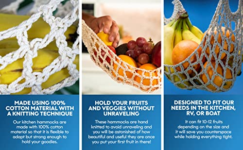 Hanging Fruit Hammock Under Cabinet - 1 Macrame Fruit Hammock Kitchen Under Cabinet, 2PCS Hooks - Handwoven Cotton Basket Storage for Produce, Banana - Boho Kitchen Decor For More Counter Space at Home Boat Camper RV