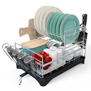 dish drying rack dish drainers for kitchen counter with drainboard 2 tier durable stainless steel dish rack and drainboard set with glass holder cutting boards holder easy installation