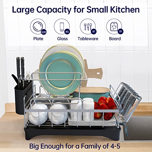 Dish Drying Rack Dish Drainers for Kitchen Counter with Drainboard 2 Tier Durable Stainless Steel Dish Rack and Drainboard Set with Glass Holder Cutting Boards Holder Easy Installation