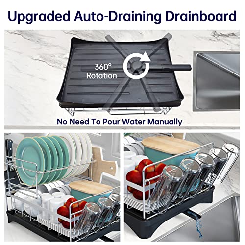 Dish Drying Rack Dish Drainers for Kitchen Counter with Drainboard 2 Tier Durable Stainless Steel Dish Rack and Drainboard Set with Glass Holder Cutting Boards Holder Easy Installation