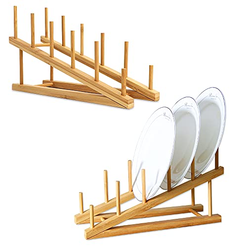 TIE-DailyNec 2 PCS Wooden Dish Rack Bamboo Drying Rack Dish Plate Rack Stand Pot Lid Holder Kitchen Cabinet Organizer for Dish Plate Bowl Cup Pot Lid Cutting Board