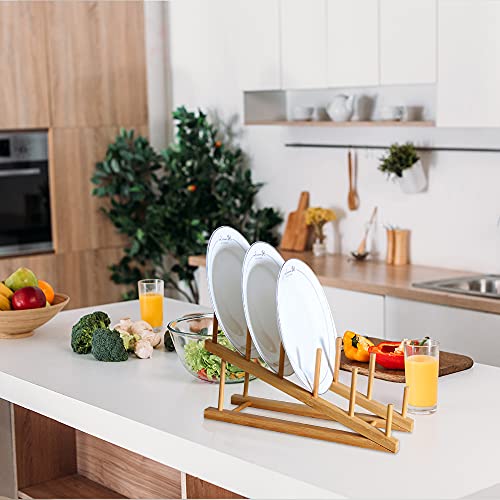 TIE-DailyNec 2 PCS Wooden Dish Rack Bamboo Drying Rack Dish Plate Rack Stand Pot Lid Holder Kitchen Cabinet Organizer for Dish Plate Bowl Cup Pot Lid Cutting Board