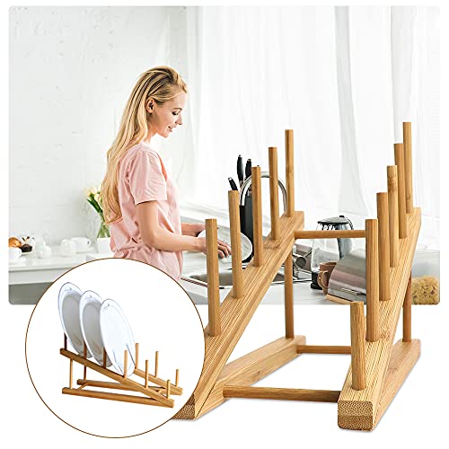 TIE-DailyNec 2 PCS Wooden Dish Rack Bamboo Drying Rack Dish Plate Rack Stand Pot Lid Holder Kitchen Cabinet Organizer for Dish Plate Bowl Cup Pot Lid Cutting Board