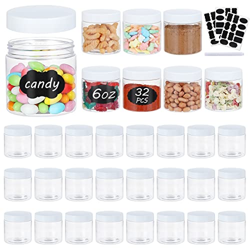 32PCS 6OZ Plastic Jars with Screw On Lids, Labels & A Pen, Round Wide Mouth Clear Storage Containers for Beauty Products, DIY Slime, Crafts Making, Spices, Cereal or Dry Food Storage (White cover)