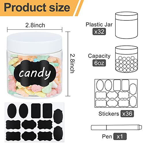 32PCS 6OZ Plastic Jars with Screw On Lids, Labels & A Pen, Round Wide Mouth Clear Storage Containers for Beauty Products, DIY Slime, Crafts Making, Spices, Cereal or Dry Food Storage (White cover)