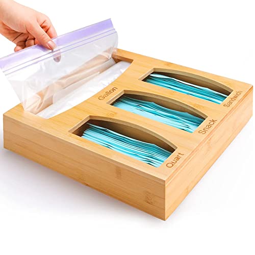 Food Ziplock Bag Storage Organizer For Kitchen Drawer, Bamboo Baggie Holder, Compatible With Ziploc, Solimo, Glad, Hefty For Gallon, Quart, Sandwich And Snack Variety Size Bags(1 Box 4 Slots) (1)