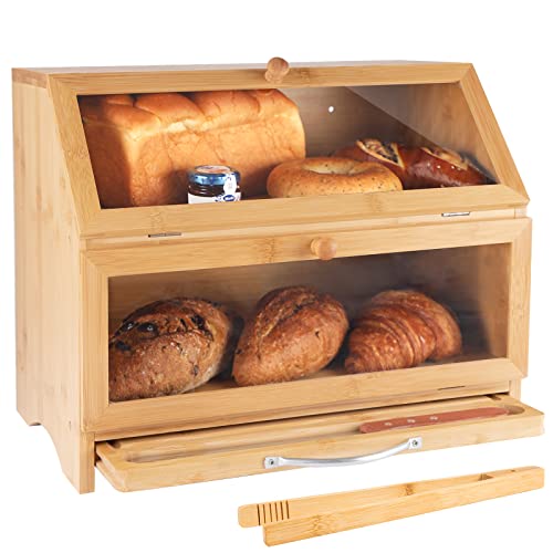 MAISONPEX Double Layer Large Bamboo Bread Box for Kitchen Countertop, Cutting Board, and Stainless Steel Bread Knife, Large Capacity Bread Storage Container with Clear Windows (Self-Assembly)