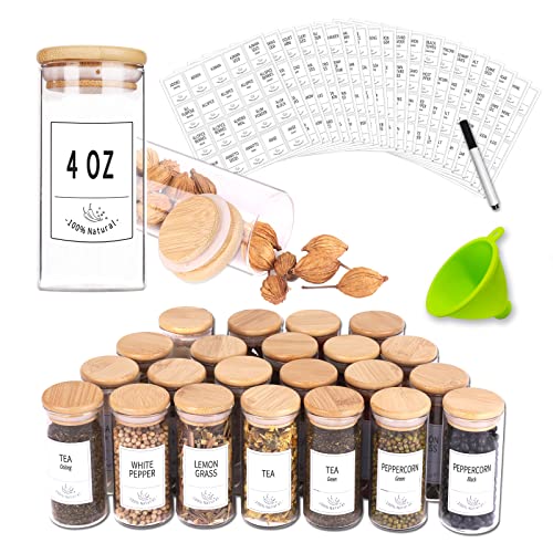 Churboro 24 Glass Spice Jars with Bamboo Airtight Lids, 400 Spice Labels, Funnel and Chalk Marker Set Spice Containers, 4 OZ Glass Storage Jars.