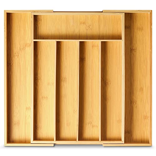 Kitchenaro Bamboo Expandable Kitchen Drawer Organizer – Kitchen Silverware Organizer Drawer Utensil Organizer Tray – 5 to 7 Compartments – Smooth Burr-Free Finish – Natural Wood Cutlery & Knife Holder