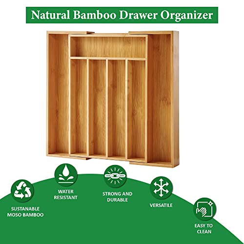 Kitchenaro Bamboo Expandable Kitchen Drawer Organizer – Kitchen Silverware Organizer Drawer Utensil Organizer Tray – 5 to 7 Compartments – Smooth Burr-Free Finish – Natural Wood Cutlery & Knife Holder