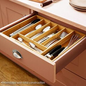 Kitchenaro Bamboo Expandable Kitchen Drawer Organizer – Kitchen Silverware Organizer Drawer Utensil Organizer Tray – 5 to 7 Compartments – Smooth Burr-Free Finish – Natural Wood Cutlery & Knife Holder