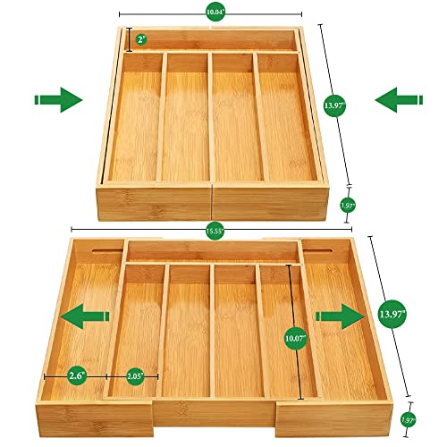 Kitchenaro Bamboo Expandable Kitchen Drawer Organizer – Kitchen Silverware Organizer Drawer Utensil Organizer Tray – 5 to 7 Compartments – Smooth Burr-Free Finish – Natural Wood Cutlery & Knife Holder