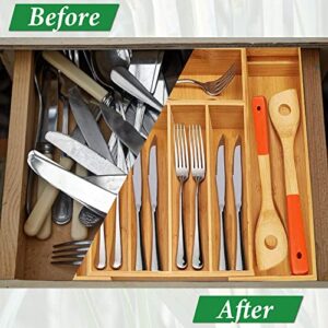 Kitchenaro Bamboo Expandable Kitchen Drawer Organizer – Kitchen Silverware Organizer Drawer Utensil Organizer Tray – 5 to 7 Compartments – Smooth Burr-Free Finish – Natural Wood Cutlery & Knife Holder