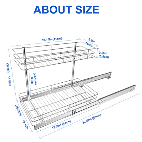 FANHAO Pull Out Cabinet Organizer, 2 Tier Wire Basket Under Sink Slide Out Storage Shelf with Sliding Drawer Storage - 10.43W x 17.32D x 14.56H, Request at Least 12 inch Cabinet Opening, Chrome