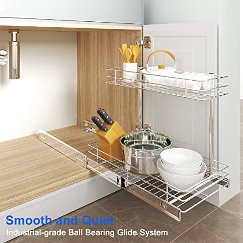 FANHAO Pull Out Cabinet Organizer, 2 Tier Wire Basket Under Sink Slide Out Storage Shelf with Sliding Drawer Storage - 10.43W x 17.32D x 14.56H, Request at Least 12 inch Cabinet Opening, Chrome