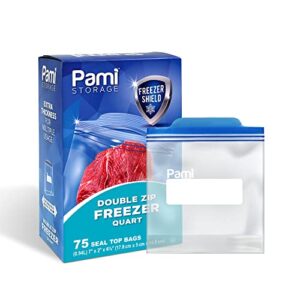 pami double zip freezer quart bags [75 pieces] – leakproof food storage ziplock bags with expandable bottom- food-safe zipper bags with freezer shield technology- thick & reusable sandwich bags