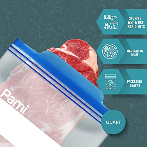 PAMI Double Zip Freezer Quart Bags [75 Pieces] - Leakproof Food Storage Ziplock Bags With Expandable Bottom- Food-Safe Zipper Bags With Freezer Shield Technology- Thick & Reusable Sandwich Bags