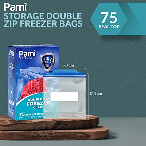 PAMI Double Zip Freezer Quart Bags [75 Pieces] - Leakproof Food Storage Ziplock Bags With Expandable Bottom- Food-Safe Zipper Bags With Freezer Shield Technology- Thick & Reusable Sandwich Bags