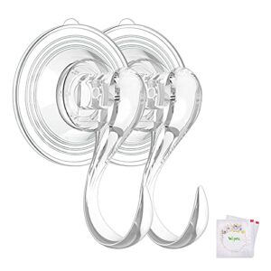 vis’v suction cup hooks, small clear heavy duty vacuum suction hooks with wipes removable strong window glass door kitchen bathroom shower wall suction hanger for towel loofah utensils wreath – 2 pcs