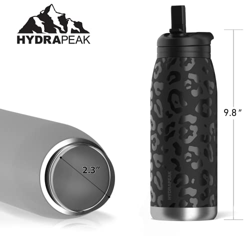 Hydrapeak Artisan 32oz Insulated Water Bottles with Straw Lids | Leak-Proof and Vacuum Insulated, Double Walled Stainless Steel Water Bottles Featuring Chic and Stylish Designs (Black Leopard)