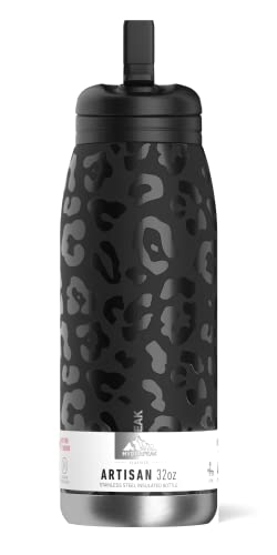 Hydrapeak Artisan 32oz Insulated Water Bottles with Straw Lids | Leak-Proof and Vacuum Insulated, Double Walled Stainless Steel Water Bottles Featuring Chic and Stylish Designs (Black Leopard)