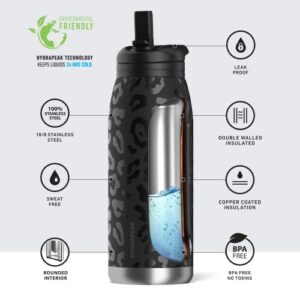 Hydrapeak Artisan 32oz Insulated Water Bottles with Straw Lids | Leak-Proof and Vacuum Insulated, Double Walled Stainless Steel Water Bottles Featuring Chic and Stylish Designs (Black Leopard)