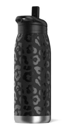 Hydrapeak Artisan 32oz Insulated Water Bottles with Straw Lids | Leak-Proof and Vacuum Insulated, Double Walled Stainless Steel Water Bottles Featuring Chic and Stylish Designs (Black Leopard)