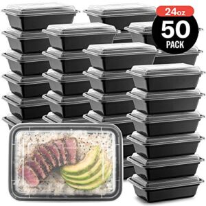 50-Pack Meal Prep Plastic Microwavable Food Containers meal prepping & Lids. "{24 OZ.}" Black Rectangular Reusable Storage Lunch Boxes -BPA-free Food Grade- Freezer Dishwasher Safe - "PREMIUM QUALITY"