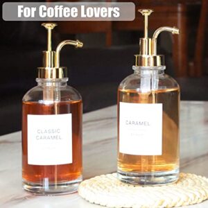 Coffee Syrup Dispenser for Coffee Bar,Coffee Syrup Pump Dispenser for Coffee Bar Accessories,Coffee Syrup Bottles.16.9 oz 500 ml, Set of 2, Gold.Including Glass Bottle,Pump,Labels and Silicone Funnel