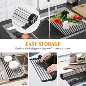 G-TING Dish Drying Rack 17.5" x 15", Over Sink Roll Up Large Dish Drainers Rack, Multipurpose Foldable Kitchen Sink Rack Mat Stainless Steel with Silicone Rims for Dishes, Cups, Fruits Vegetables