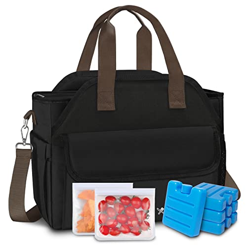 Lunch Bag for Women Insulated Lunch Boxes Women Cold Bag for Adult Men with 4 Ice Pack&2 Storage Bags&Shoulder Strap,Leakproof Large Multi-Pocket Lunch Tote for Work,Picnic,Beach,Fishing,hiking-Black