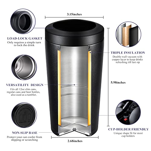 4 in 1 Insulated Slim Can Cooler for 12 OZ Cans and Beer Bottle - Keep 8 Hours Cold, Easy to Hold - Stainless Steel Can Holder, Double Walled Can Insulator for Hard Seltzer and More