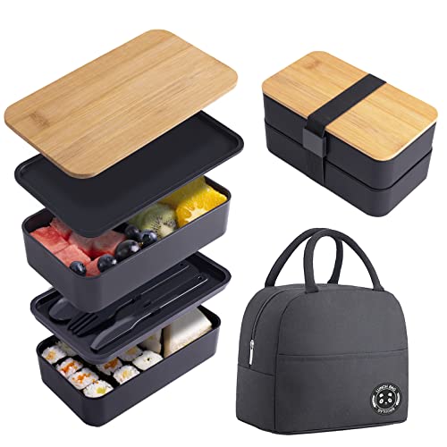 Collect Beauty Stackable Lunch Container with Bamboo Lid Bento Box for Adult with Lunch Bag and Flatware Set Black