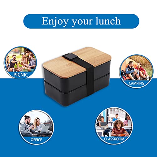 Collect Beauty Stackable Lunch Container with Bamboo Lid Bento Box for Adult with Lunch Bag and Flatware Set Black