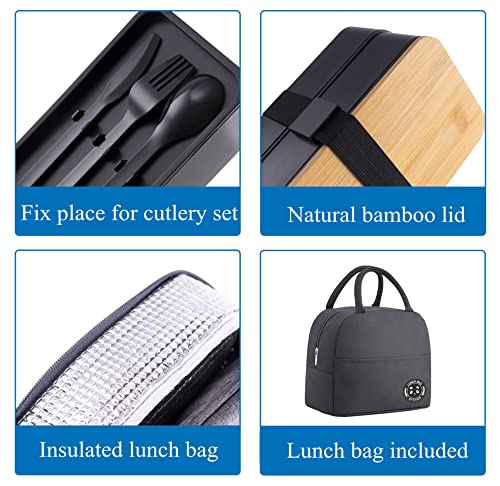 Collect Beauty Stackable Lunch Container with Bamboo Lid Bento Box for Adult with Lunch Bag and Flatware Set Black