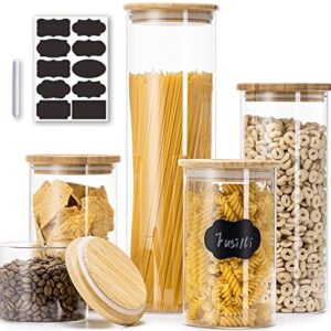 coccot Glass Jars with Bamboo Lids, Glass Food Storage Jars with Wood Lids for Pantry, Glass Canisters Sets with Wood lid for the Kitchen, 5 Pack Glass Storage Containers with Stackable Lids