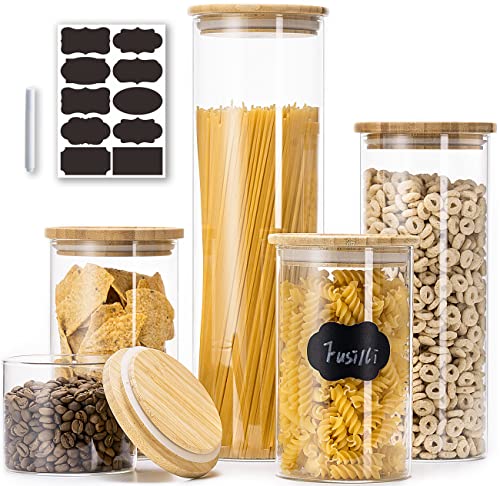 coccot Glass Jars with Bamboo Lids, Glass Food Storage Jars with Wood Lids for Pantry, Glass Canisters Sets with Wood lid for the Kitchen, 5 Pack Glass Storage Containers with Stackable Lids