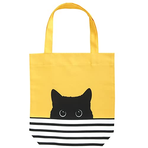 Cute Canvas Tote Bag for Women with Cat Design - Birthday Valentines Day Gift - Aesthetic Book Tote for Teacher School Kids - Hello Kitty Tote Bag - Large Reusable for Shopping Grocery (Yellow Cat)