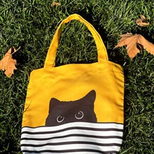 Cute Canvas Tote Bag for Women with Cat Design - Birthday Valentines Day Gift - Aesthetic Book Tote for Teacher School Kids - Hello Kitty Tote Bag - Large Reusable for Shopping Grocery (Yellow Cat)