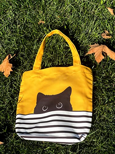 Cute Canvas Tote Bag for Women with Cat Design - Birthday Valentines Day Gift - Aesthetic Book Tote for Teacher School Kids - Hello Kitty Tote Bag - Large Reusable for Shopping Grocery (Yellow Cat)