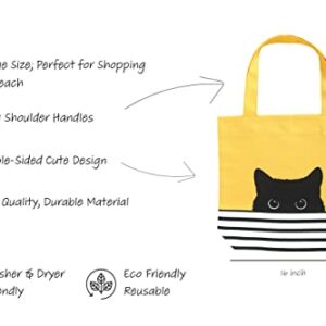 Cute Canvas Tote Bag for Women with Cat Design - Birthday Valentines Day Gift - Aesthetic Book Tote for Teacher School Kids - Hello Kitty Tote Bag - Large Reusable for Shopping Grocery (Yellow Cat)