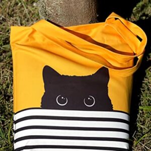 Cute Canvas Tote Bag for Women with Cat Design - Birthday Valentines Day Gift - Aesthetic Book Tote for Teacher School Kids - Hello Kitty Tote Bag - Large Reusable for Shopping Grocery (Yellow Cat)