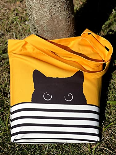 Cute Canvas Tote Bag for Women with Cat Design - Birthday Valentines Day Gift - Aesthetic Book Tote for Teacher School Kids - Hello Kitty Tote Bag - Large Reusable for Shopping Grocery (Yellow Cat)