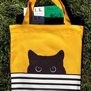 Cute Canvas Tote Bag for Women with Cat Design - Birthday Valentines Day Gift - Aesthetic Book Tote for Teacher School Kids - Hello Kitty Tote Bag - Large Reusable for Shopping Grocery (Yellow Cat)