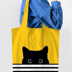 Cute Canvas Tote Bag for Women with Cat Design - Birthday Valentines Day Gift - Aesthetic Book Tote for Teacher School Kids - Hello Kitty Tote Bag - Large Reusable for Shopping Grocery (Yellow Cat)