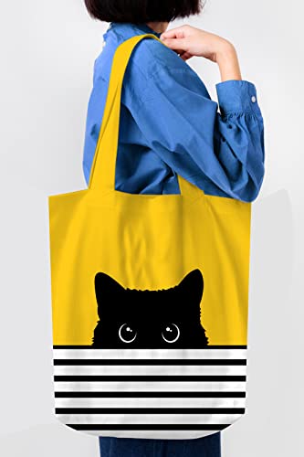 Cute Canvas Tote Bag for Women with Cat Design - Birthday Valentines Day Gift - Aesthetic Book Tote for Teacher School Kids - Hello Kitty Tote Bag - Large Reusable for Shopping Grocery (Yellow Cat)