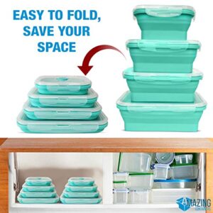 Collapsible Silicone Food Storage Container Set of 4 with Lids | Stackable - Space Saving | Microwaveable | Freezer, Dishwasher Safe| BPA Free|Collapsible Leftover or Meal Prep Lunch Box Containers